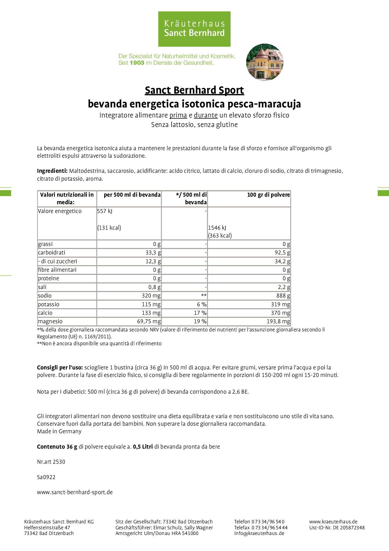 Sanct Bernhard Sport Bevanda energetica isotonica pesca-maracuja 1 bustina